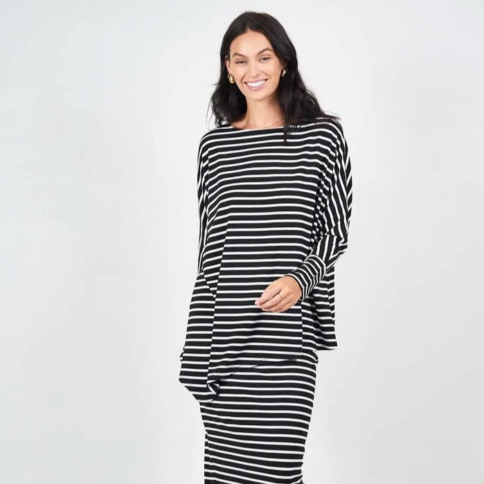 Susie Oversized Asymmetrical Bamboo Top - Black & White Stripe | Lou ...