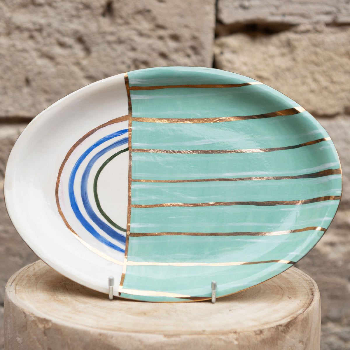 Ceramic Arch Tile - White with Blue/Gold Border & Palm Tree | Carla ...